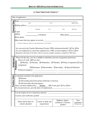 Fillable Online bartlett isd application for substitute Fax Email Print - pdfFiller