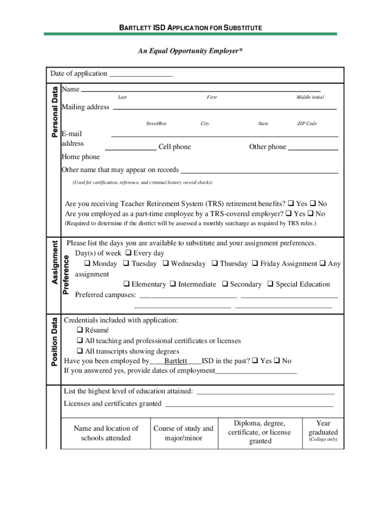 Fillable Online bartlett isd application for substitute Fax Email Print - pdfFiller
