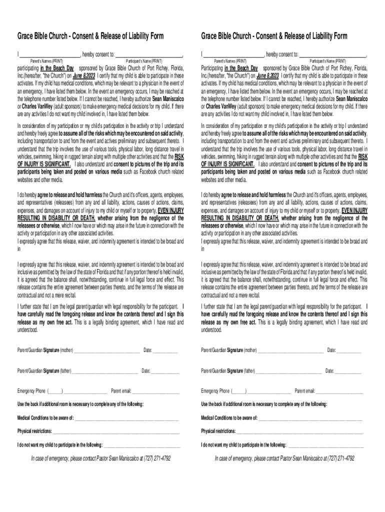 Fillable Online Grace Bible Church - Consent & Release of Liability ...