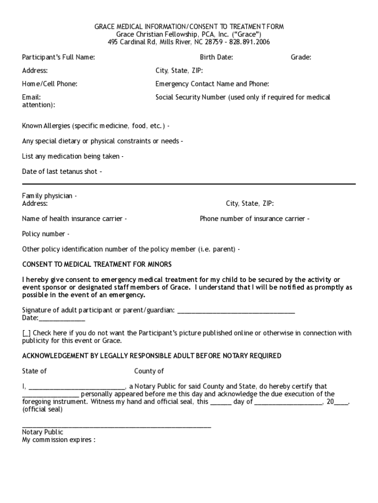 Fillable Online Grace Medical Information/Consent To Treatment Form Fax Email Print - pdfFiller