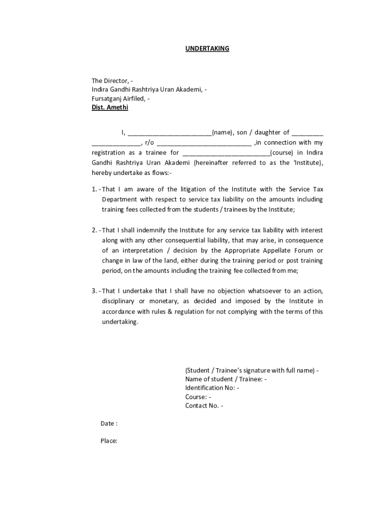 Fillable Online UNDERTAKING service tax0 Fax Email Print - pdfFiller