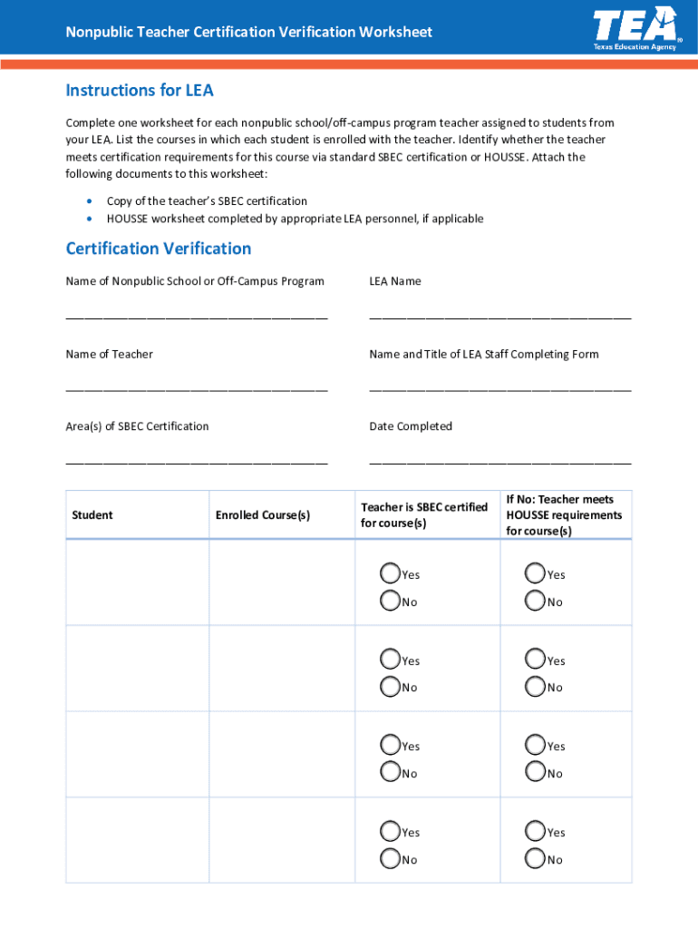 Fillable Online Nonpublic Teacher Certification Verification Worksheet ...