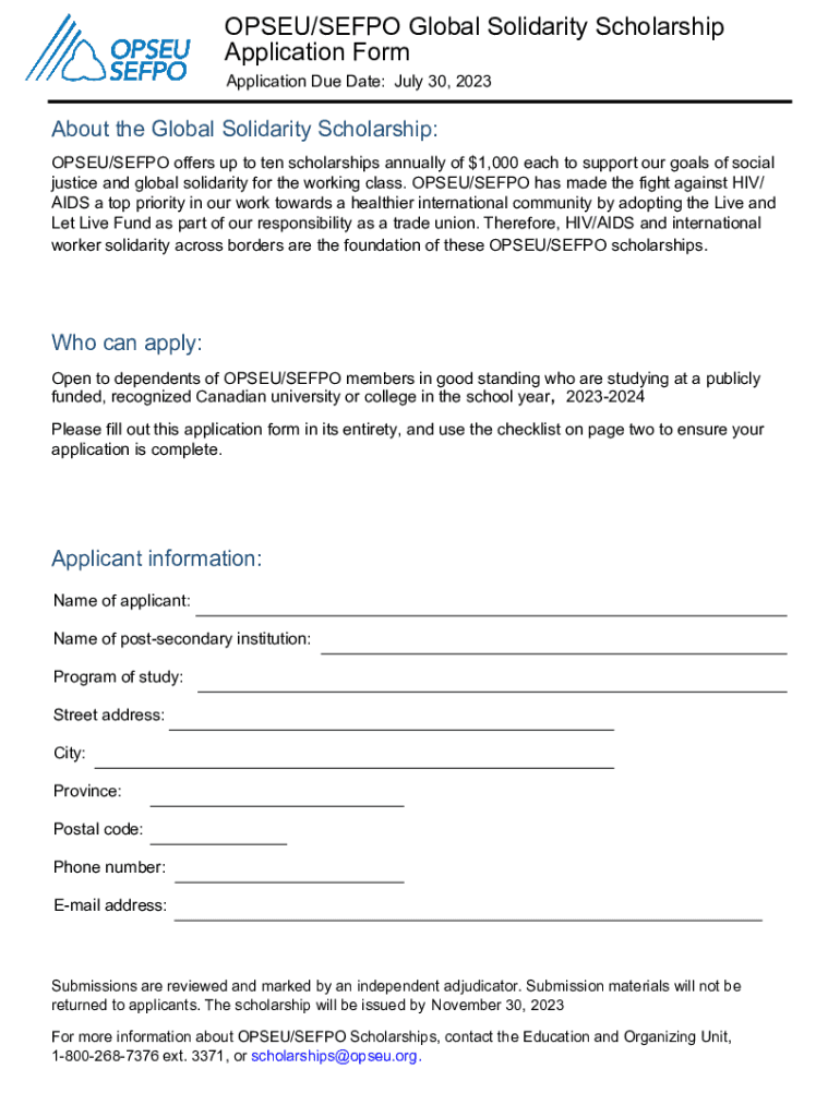 Fillable Online OPSEU/SEFPO Global Solidarity Scholarship Application Form Fax Email Print ...