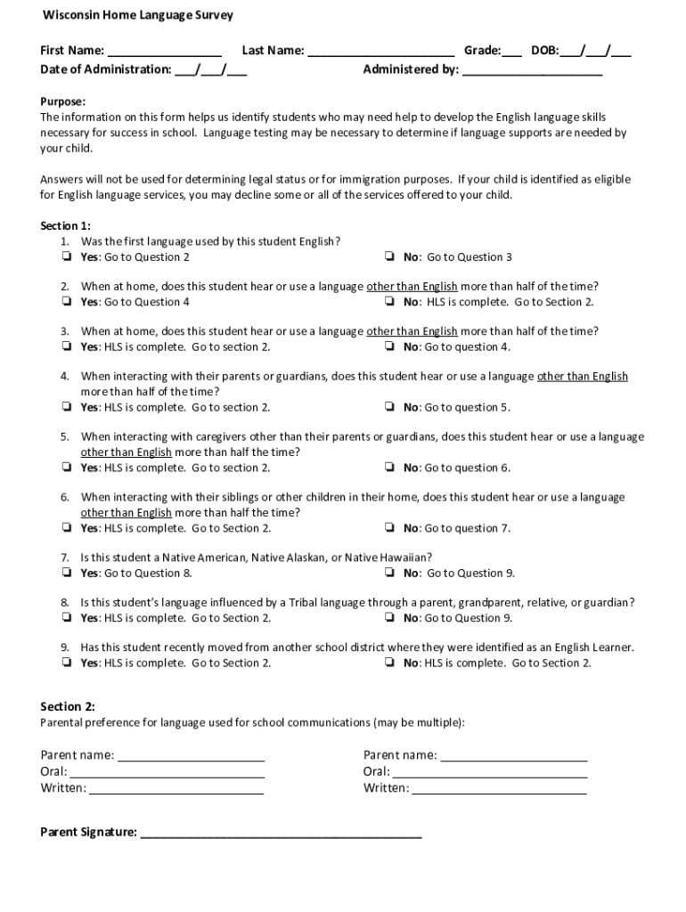 Fillable Online The Wisconsin HLS (Home Language Survey) Form Fax Email ...