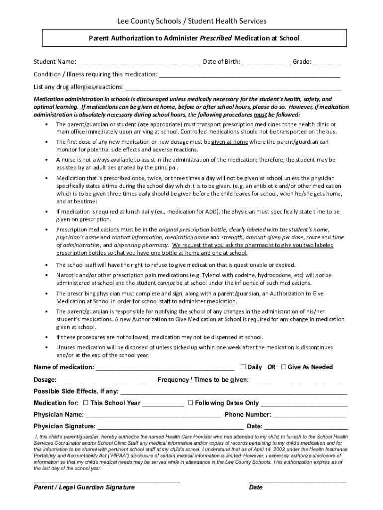 Fillable Online Parent Authorization for School Medication Forms Fax ...