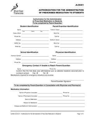 Fillable Online jlcd-e1 authorization for the administration of prescribed ... - NET Fax Email ...