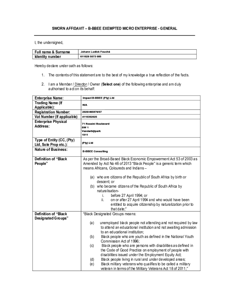 Fillable Online Sworn affidavit b bbee exempted micro enterprise Fax ...