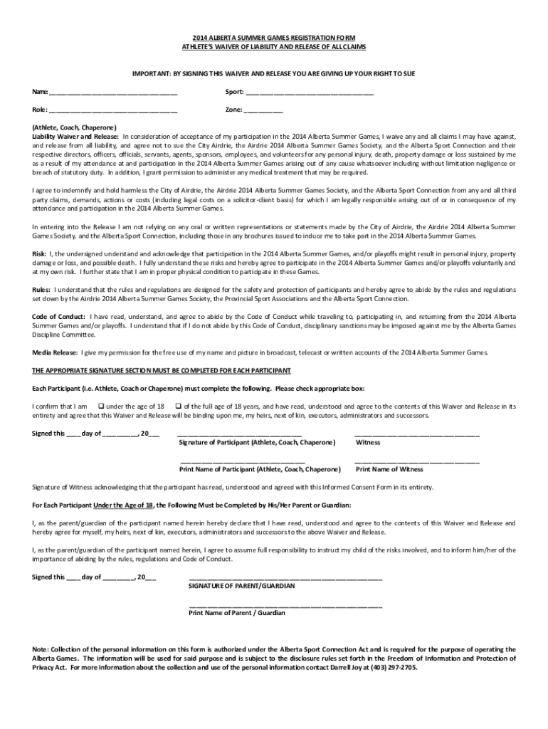 Fillable Online Athlete Waiver Form - Fill Online, Printable, Fillable ...