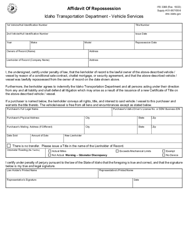 Fillable Online itd idaho Affidavit Of Repossession. Affidavit of ...