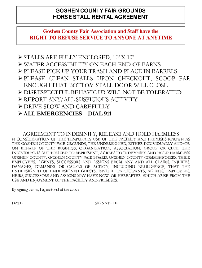 Fillable Online goshen county fair grounds horse stall rental agreement ...