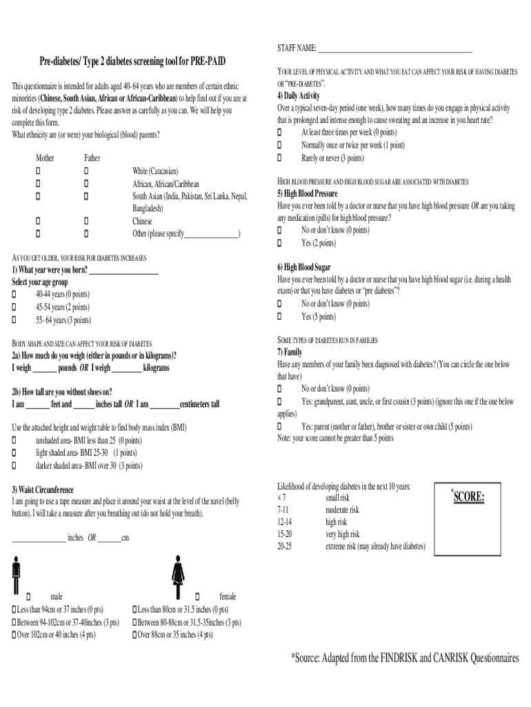 Fillable Online Pre-diabetes/ Type 2 diabetes screening tool for PRE ...