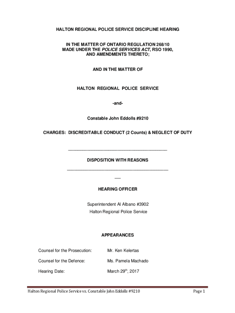 Fillable Online Halton Regional Police Service vs. Constable John Eddolls ... Fax Email Print ...