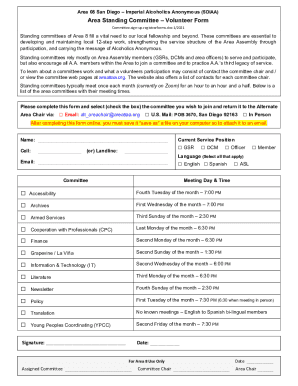 Fillable Online Area Standing Committee Volunteer Form Fax Email Print ...