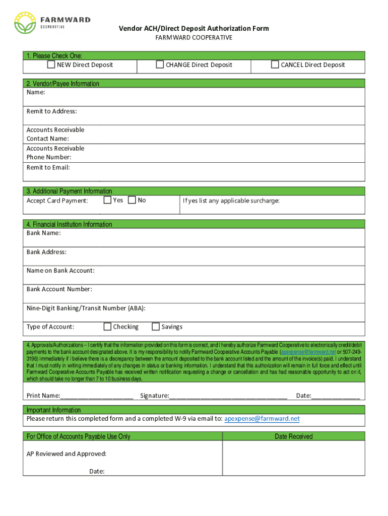 Fillable Online Vendor direct deposit authorization form: Fill out ...