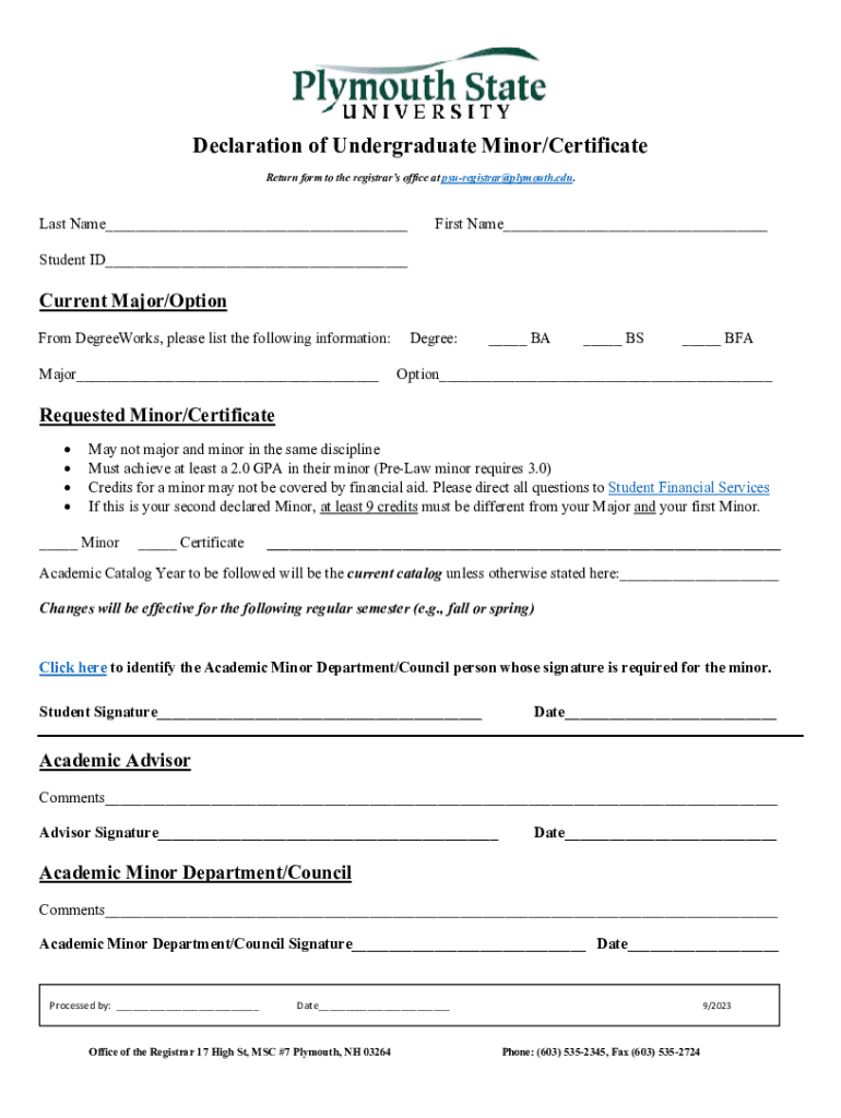 Fillable Online Undergraduate MINOR / CERTIFICATE Declaration Form Fax Email Print - pdfFiller