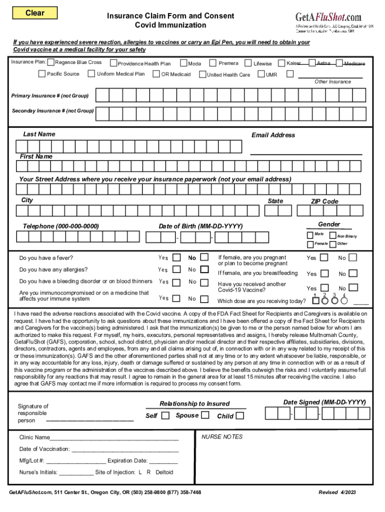 Fillable Online Insurance Claim Form and Consent Covid Immunization Fax ...