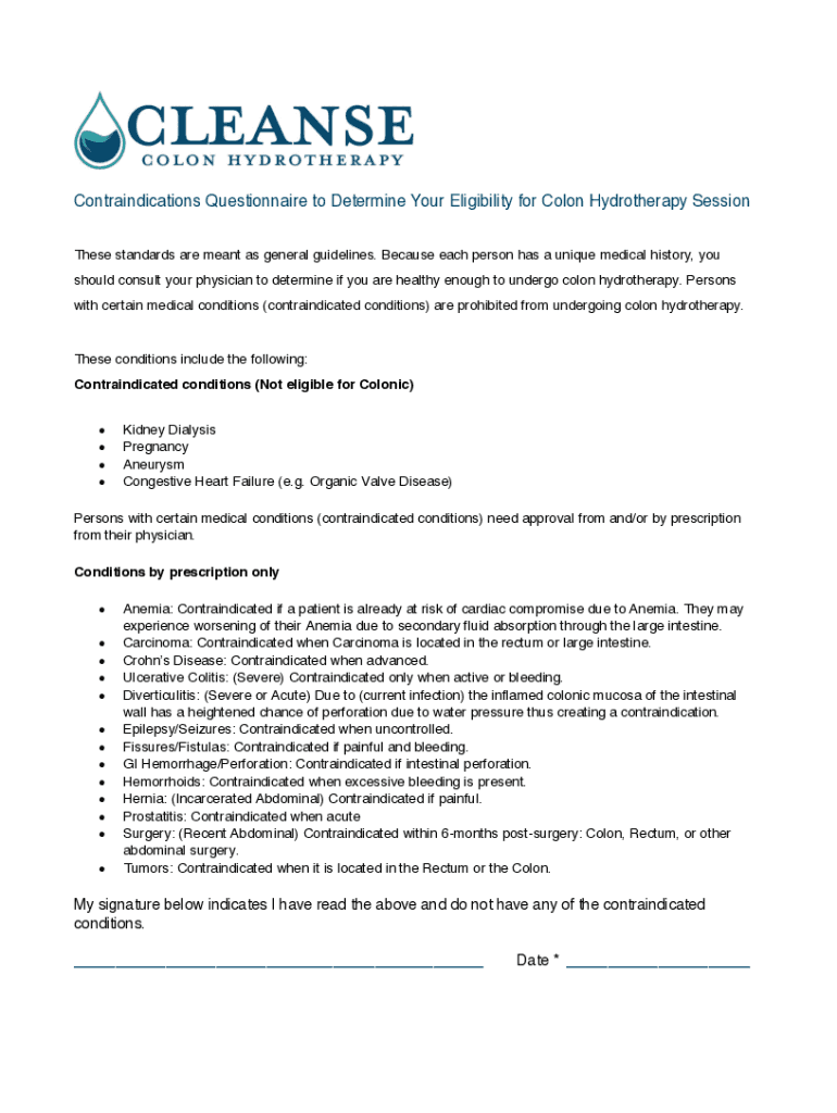 Fillable Online Contraindications Questionnaire - Cleanse Colon ...