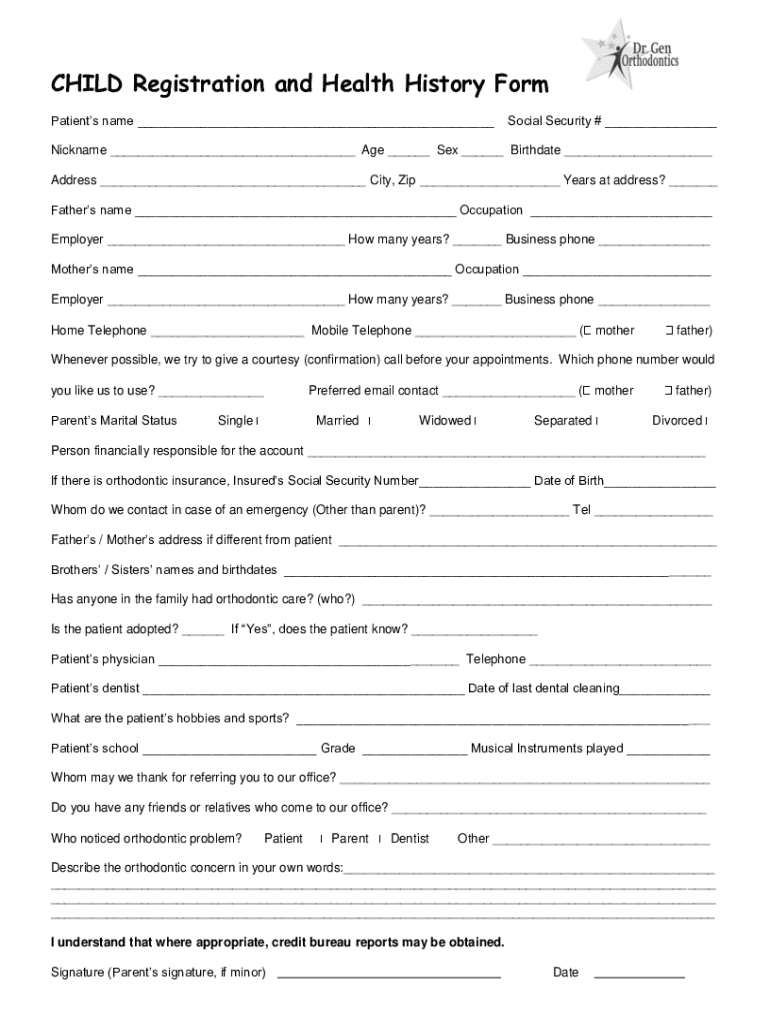 Fillable Online CHILD Registration and Health History Form Fax Email ...