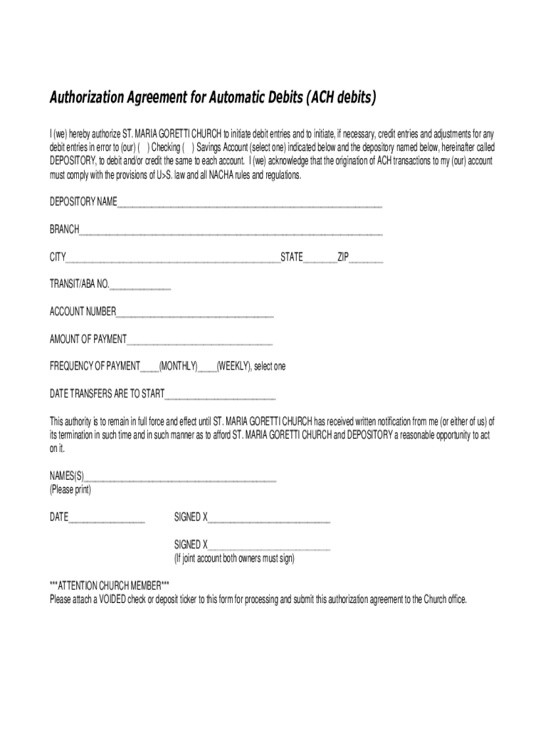 Fillable Online Authorization Agreement for Electronic Church Contributions Fax Email Print ...