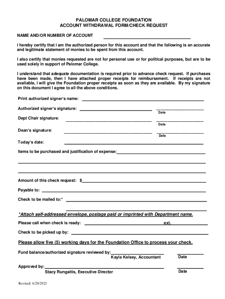 Fillable Online palomar college foundation account withdrawal form/check ... Fax Email Print ...