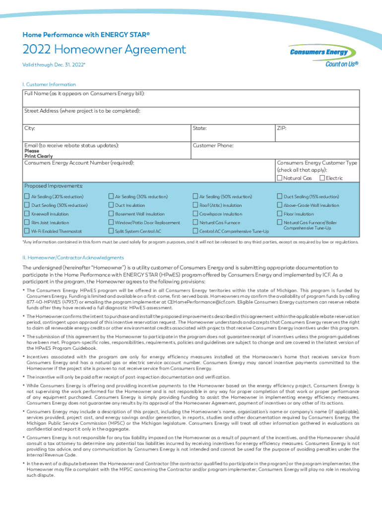 Fillable Online 2022 Homeowner Agreement - Consumers Energy Trade Ally Fax Email Print - pdfFiller