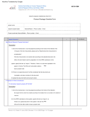 Fillable Online Protocol Package Checklist Form AO 01-S04 Machine ...