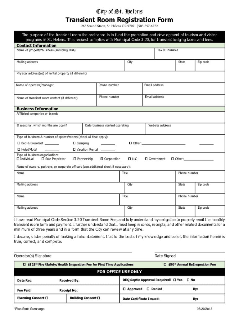 Fillable Online Free fillable City of St. Helens Transient Room ...