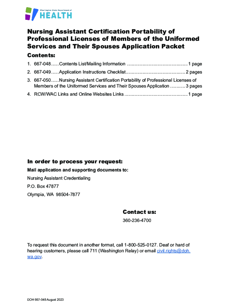 Fillable Online doh wa Nursing Assistant Certified Portability of Professional Licenses of ...