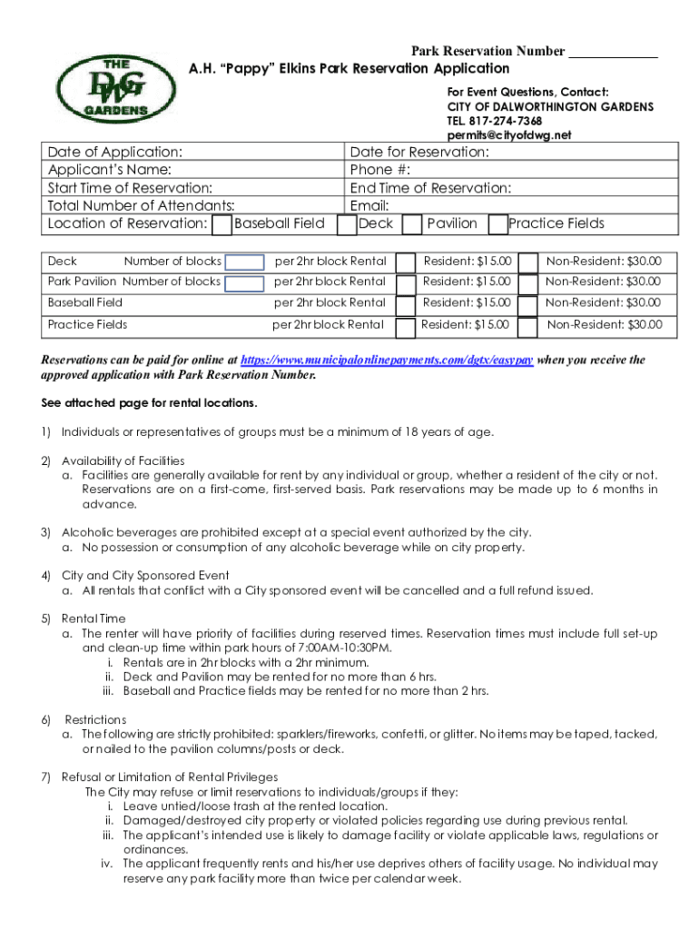 Fillable Online AH Pappy Elkins Park Reservation Application Fax Email ...