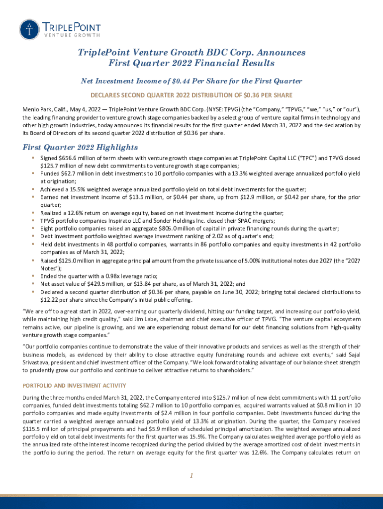 Fillable Online TriplePoint Venture Growth BDC Corp. Announces First ...