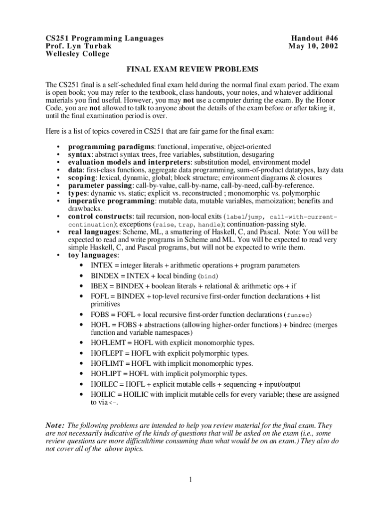 Fillable Online cs wellesley CS251 Programming Languages Handout 8 5 Prof. Lyn ... Fax Email ...