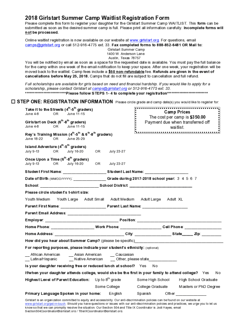 Fillable Online Summer Camp Waitlist Form Template Fax Email Print - pdfFiller