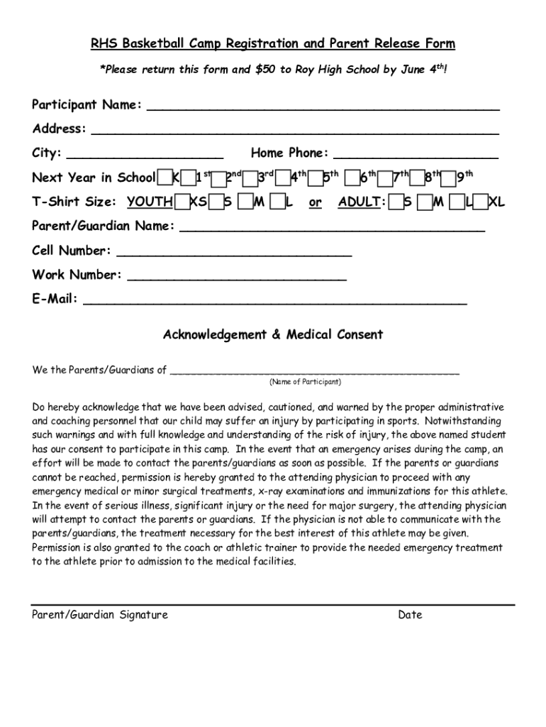 Fillable Online RHS Basketball Camp Registration and Parent Release ...