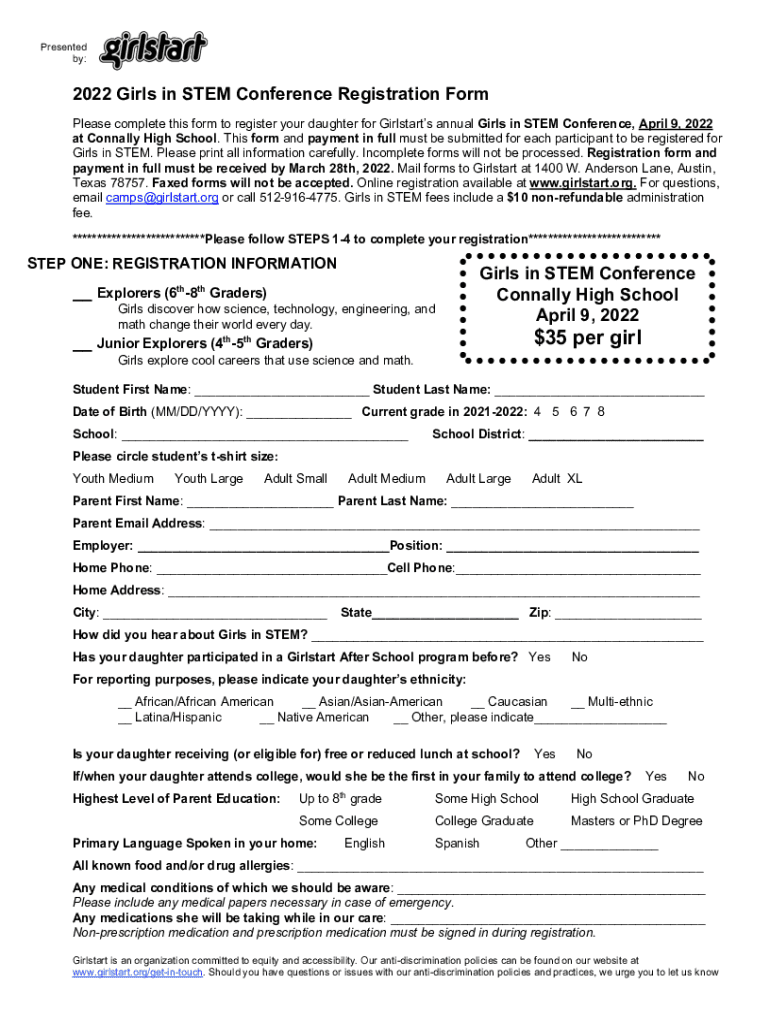 Fillable Online 2022 Girls in STEM Conference Registration Form Fax ...