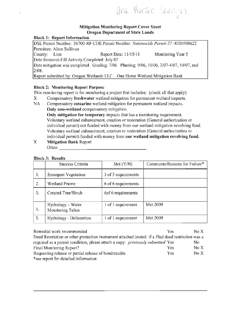 Fillable Online MARION MITIGATION BANK Monitoring Report Cover Sheet ...