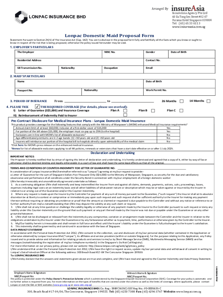 Fillable Online LONPAC INSURANCE BHD Lonpac Domestic Maid Proposal Form ...