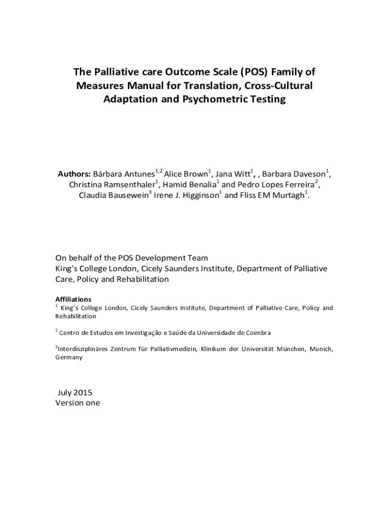 Fillable Online The Palliative care Outcome Scale (POS) Family of ...