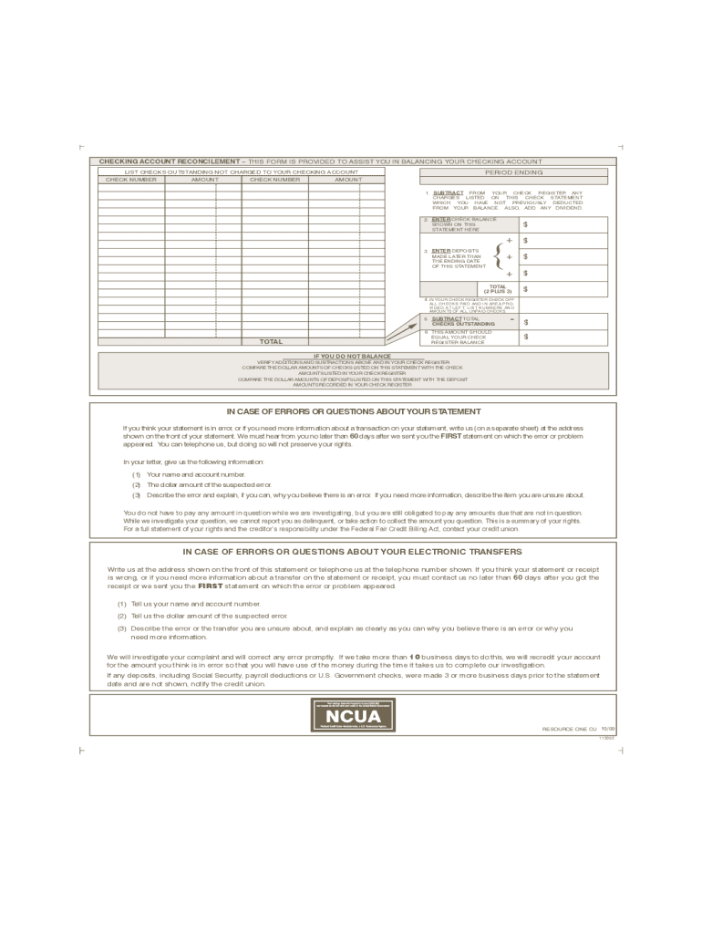 Fillable Online 20 Printable checking account reconciliation form ...