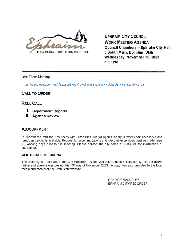 Fillable Online Fillable Online ephraimcity CITY COUNCIL CHAMBERS ...