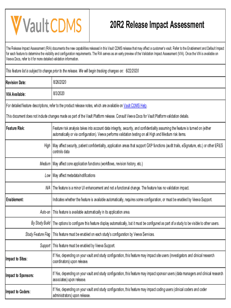 Fillable Online (PDF) Vault CDMS Release Impact Assessment8 hours ago Fax Email Print - pdfFiller