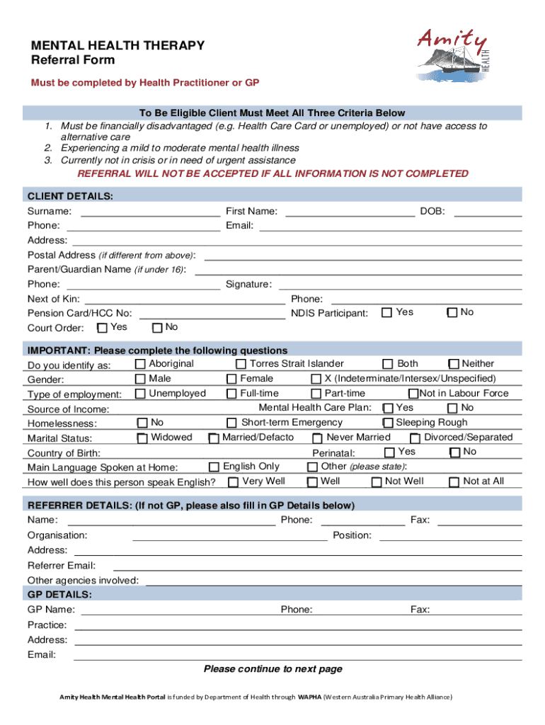 Fillable Online MENTAL HEALTH THERAPY Referral Form Fax Email Print ...