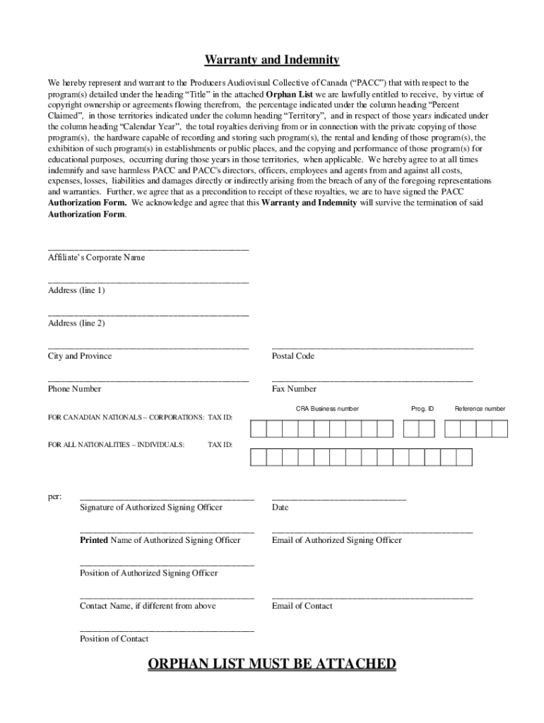 Fillable Online Warranty and Indemnity - Producers Audiovisual Collective of Canada Fax Email ...