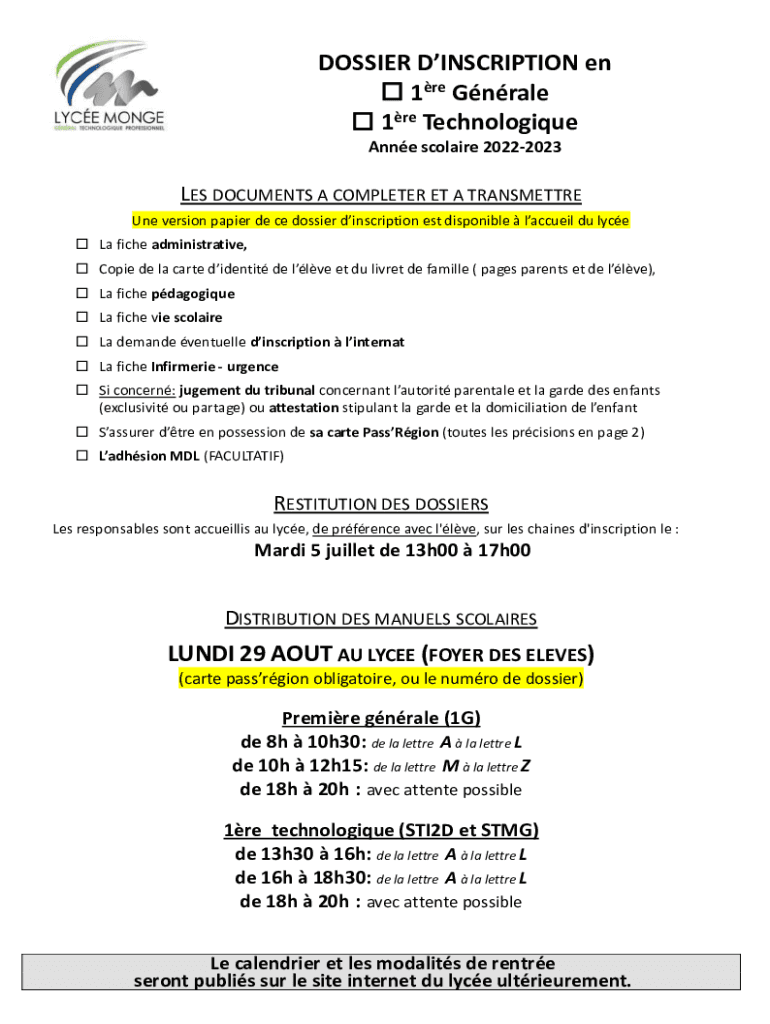 Remplissable En Ligne DOSSIER D'INSCRIPTION en 1re Gnrale ... Fax Email Imprimer - pdfFiller