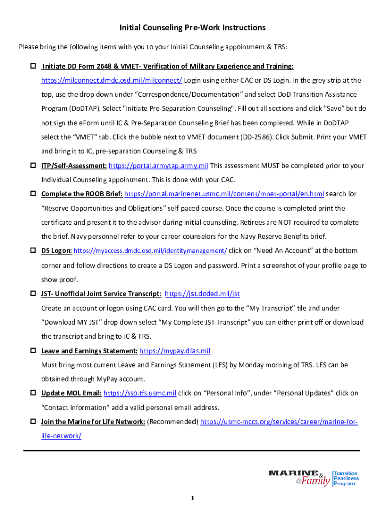 Fillable Online INDIVIDUAL COUNSELING & PRE-WORK CHECKLIST Fax Email ...