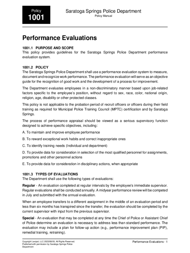 Fillable Online Performance Evaluations - Saratoga Springs Police ...