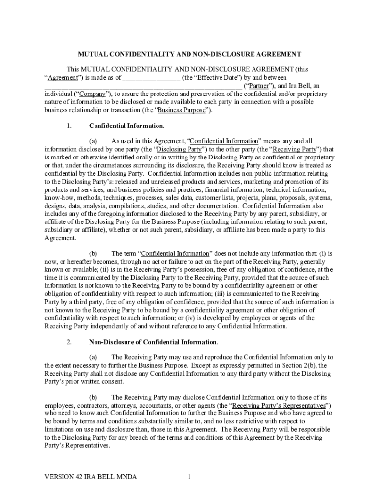 Fillable Online VERSION 42 IRA BELL MNDA 1 MUTUAL CONFIDENTIALITY AND ...