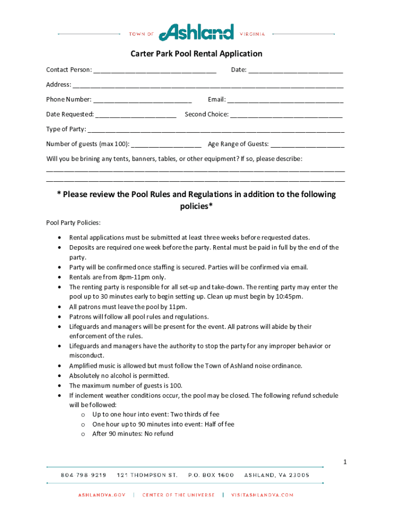 Fillable Online Carter Park Pool Rental Application * Please review the ...