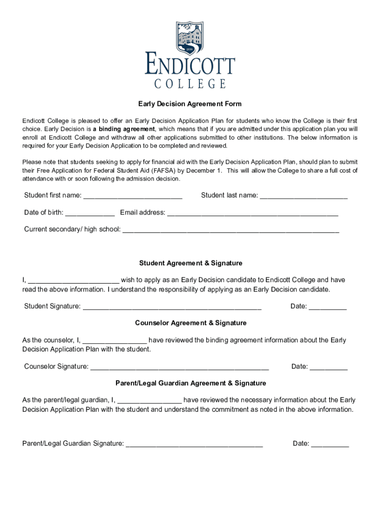 Fillable Online Endicott College - Early Decision Agreement Form Fax ...
