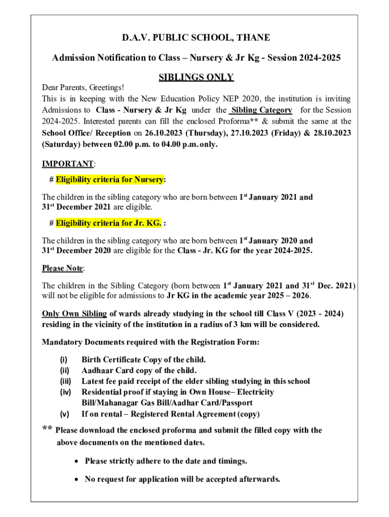 Fillable Online DAV Public School Thane: Admission 2024-25, Application ...