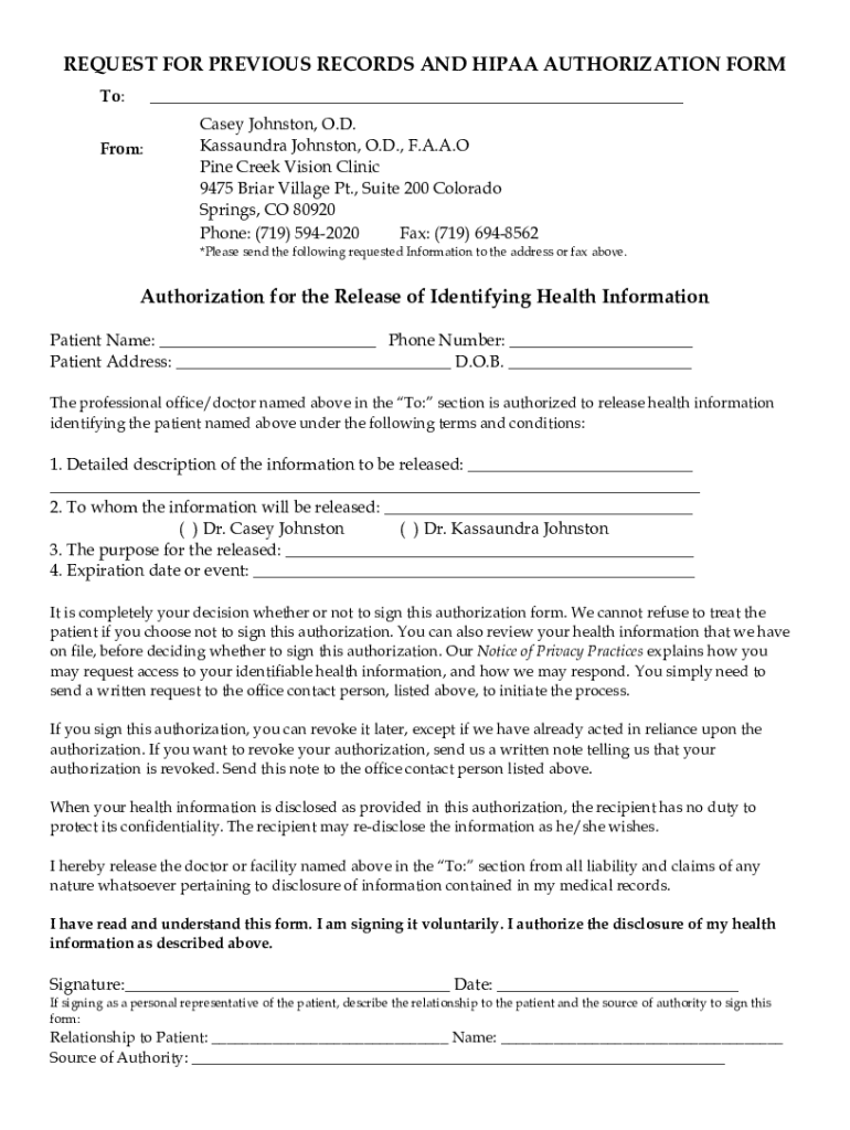 Fillable Online request for previous records and hipaa authorization ...